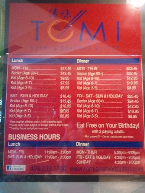 Menu at Tomi Sushi & Seafood Buffet restaurant, San Jose, Eastridge ...