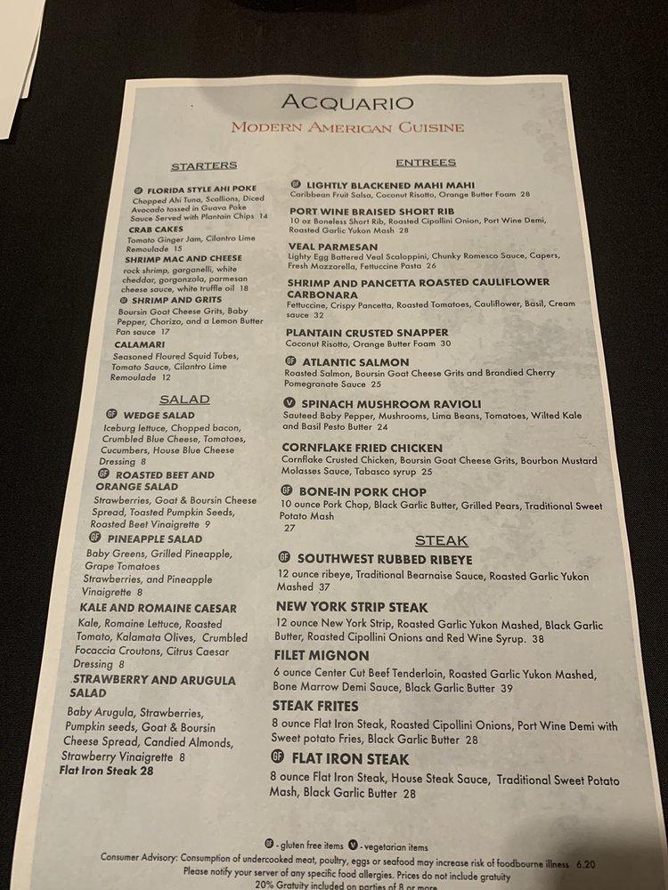 Menu at Acquario cafe, Fort Lauderdale