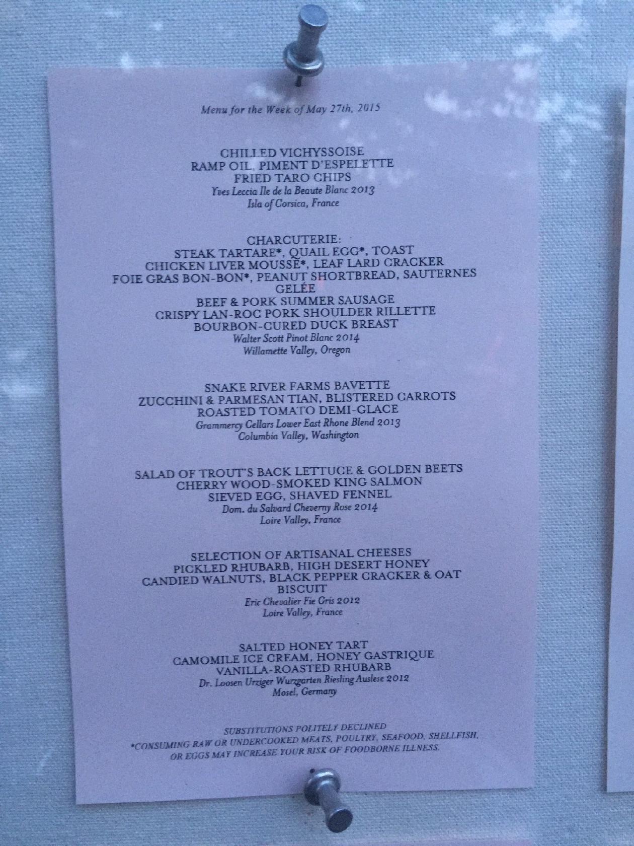Menu at Beast restaurant, Portland
