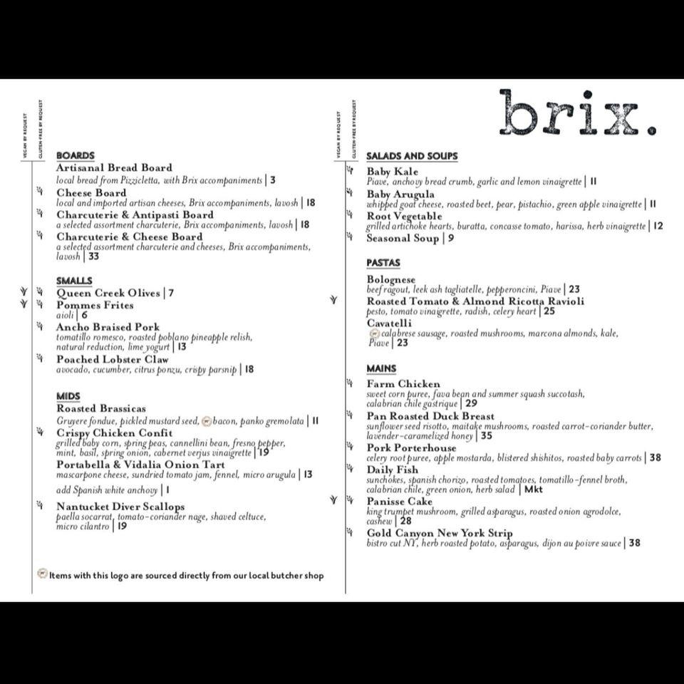 Menu at Brix pub & bar, Flagstaff