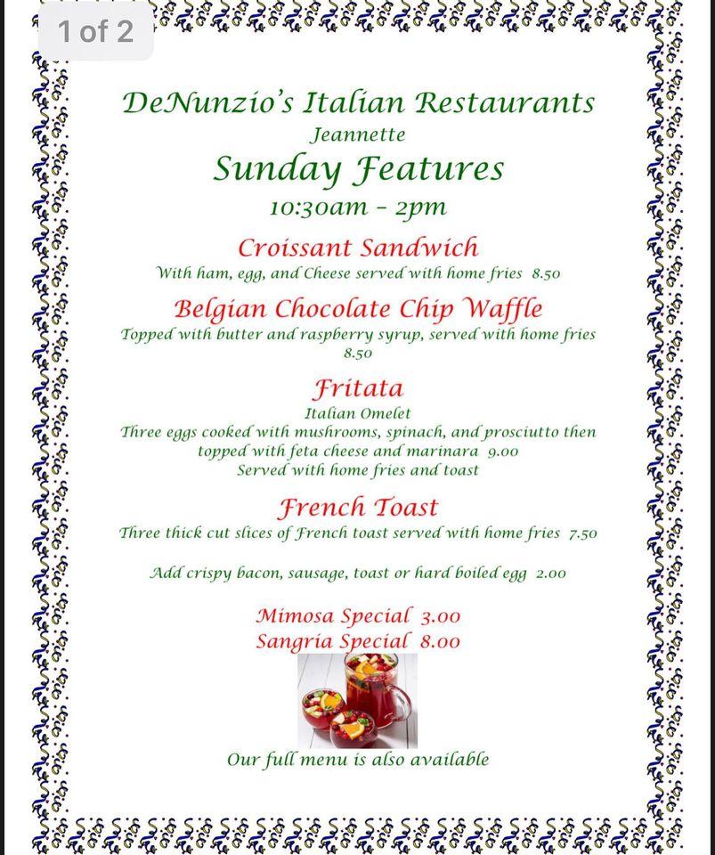 Menu at DeNunzio’s Italian Restaurant (Jeannette), Jeannette