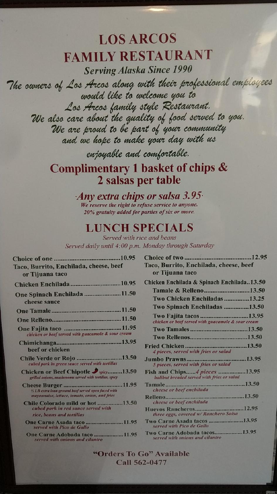 Menu at Los Arcos restaurant, Anchorage