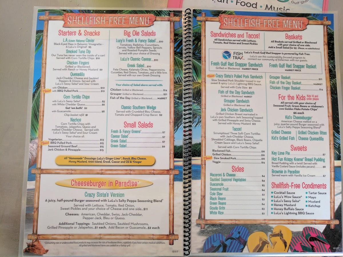 Menu at Lulu's Gulf Shores restaurant, Gulf Shores
