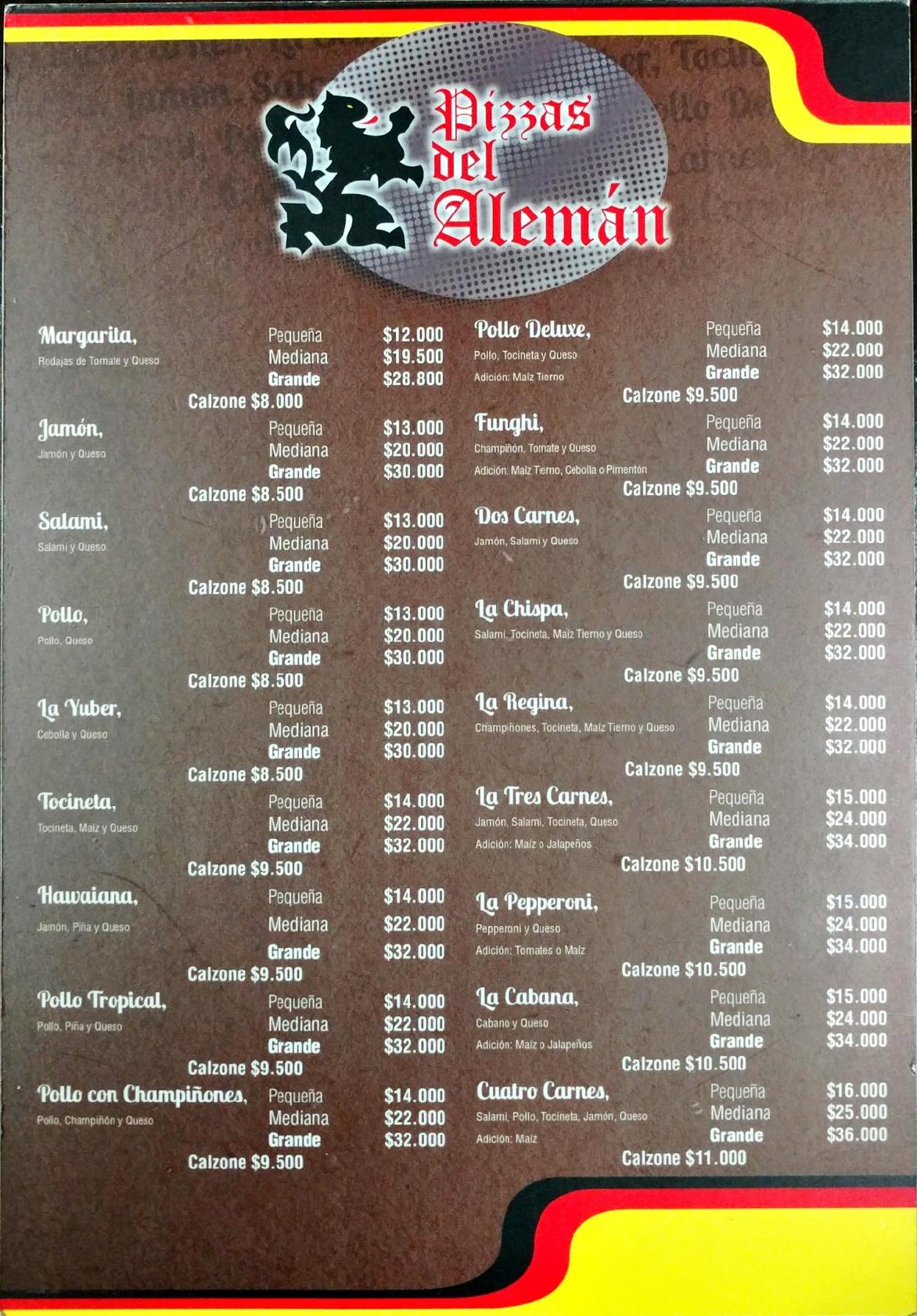 Carta del restaurante Pizzas del Alemán, Marinilla
