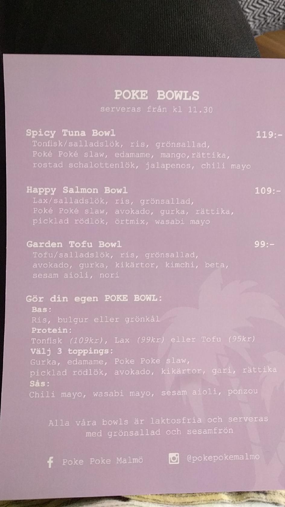 Menu at Poke Poke restaurant, Malmö