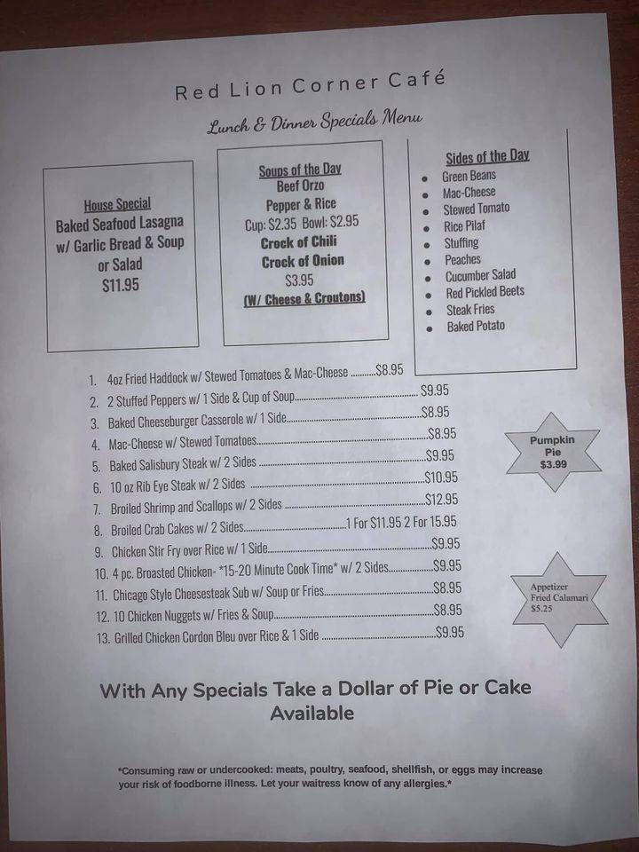 Menu at Red Lion Corner Café restaurant, Red Lion