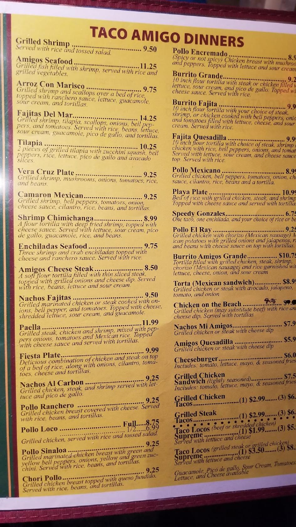 Menu at Tacos Amigos restaurant, Mattoon