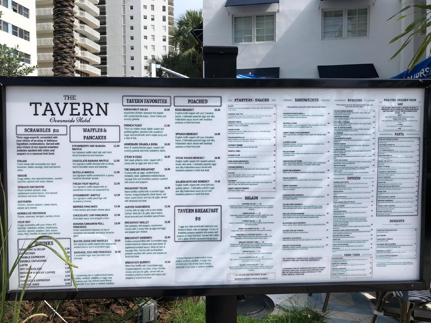 Menu at The Tavern pub & bar, Miami Beach, Collins Ave