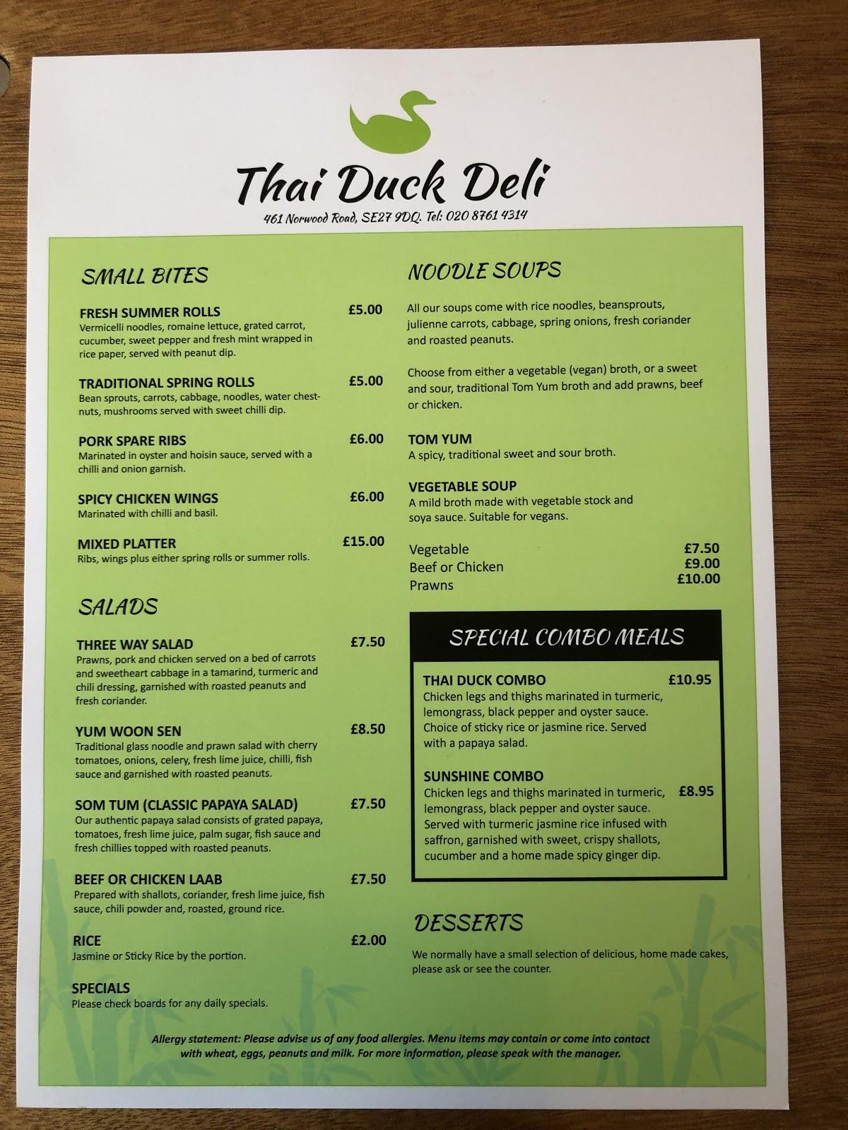 Menu at Thai Duck Deli restaurant, London