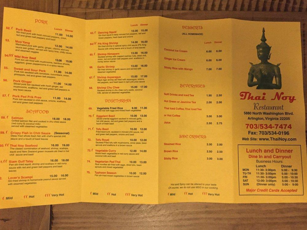 Menu at Thai Noy Restaurant, Arlington
