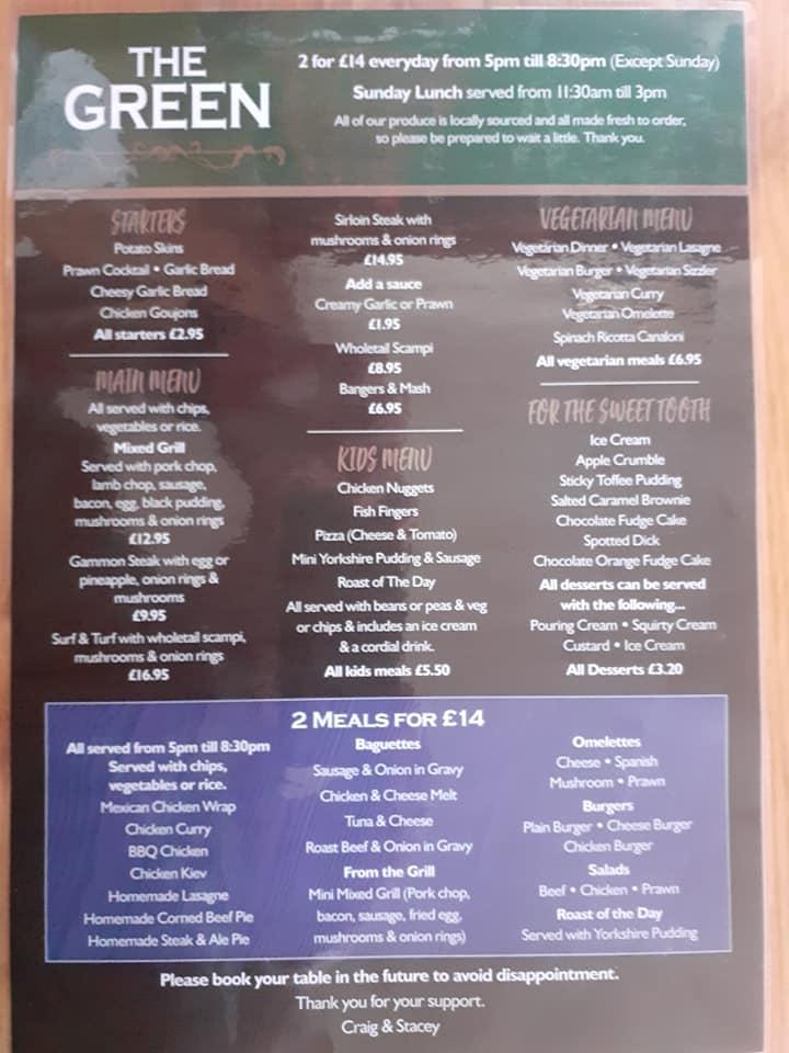 Menu at The Green Billy Row pub & bar, Crook, 7 Billy Row Grn