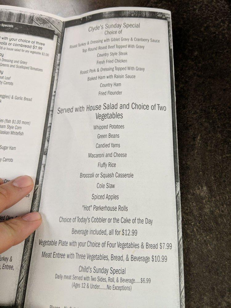 Menu at Clyde's Restaurant, Waynesville