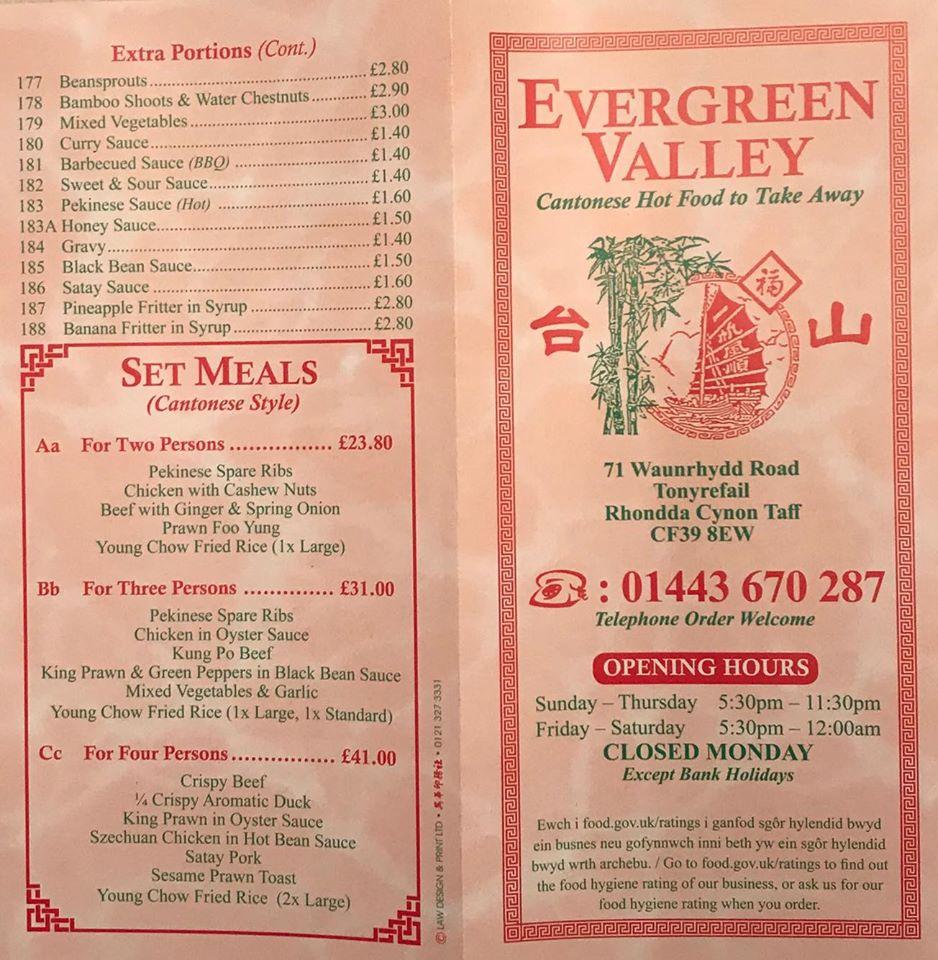 Menu at Evergreen Valley restaurant, Porth