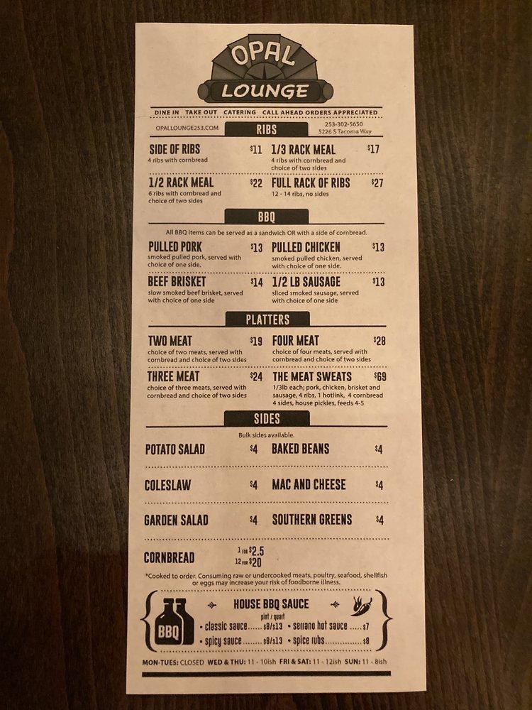Menu at Opal Lounge pub & bar, Tacoma