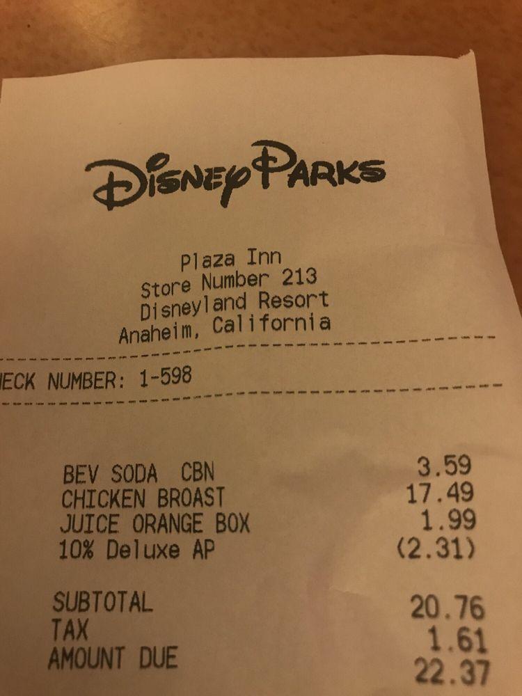 Menu at Plaza Inn restaurant, Anaheim, Disneyland Park
