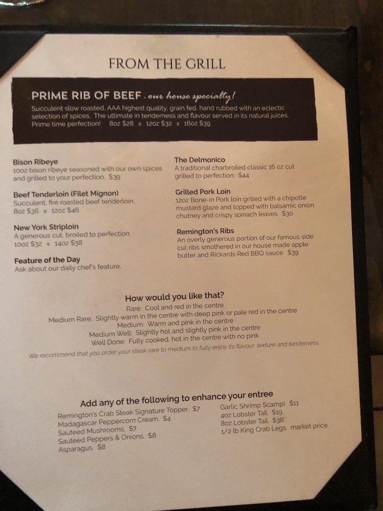 Menu at Remingtons of Niagara pub & bar, Niagara Falls