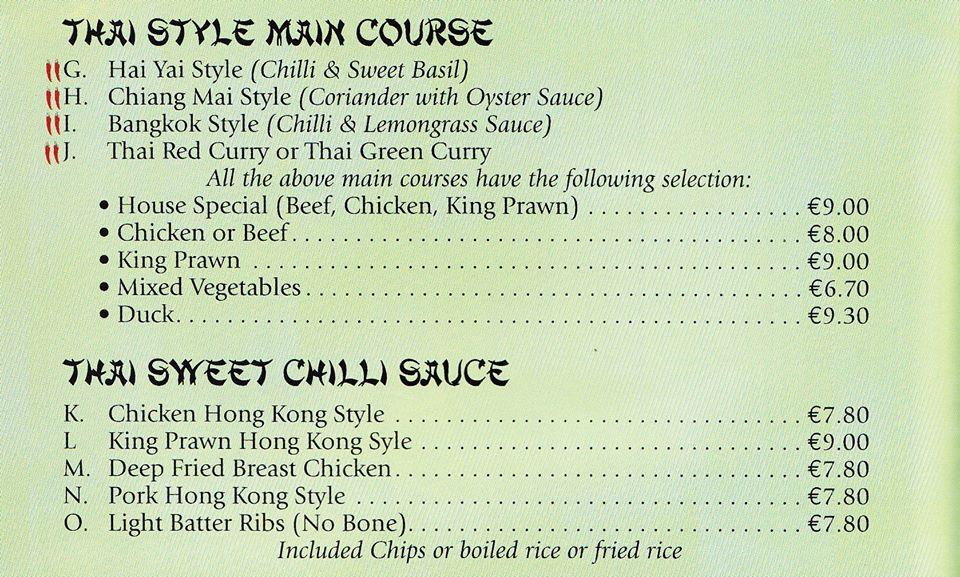 Menu at River Palace restaurant, Ireland