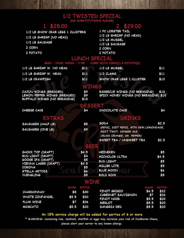 Menu at The Twisted Crab restaurant, Hampton