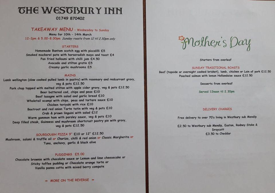 Menu at The Westbury Inn pub & bar, Wookey