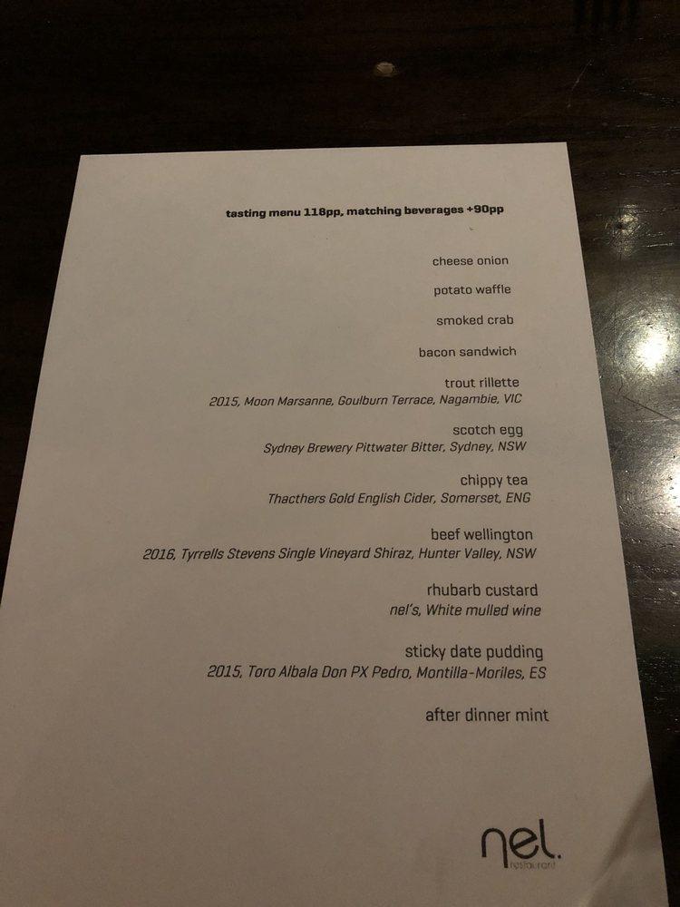Menu at NEL restaurant, Sydney