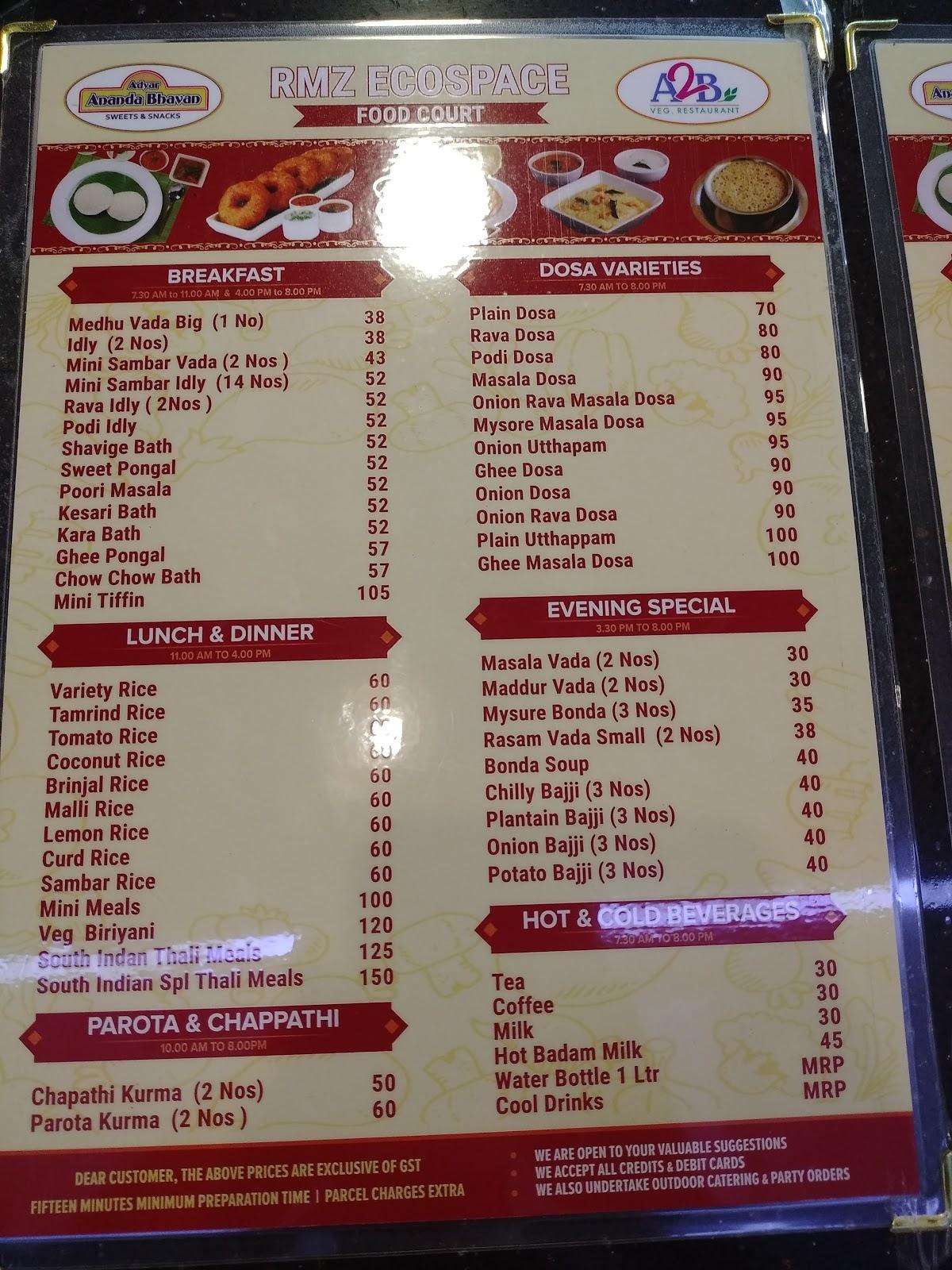 Menu at Adyar Ananda Bhavan - A2B, Bengaluru, 78