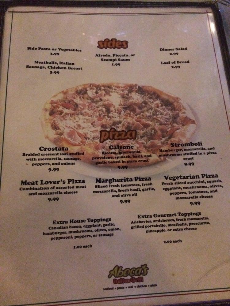 Menu at Aboca's Italian Grill pizzeria, Richardson