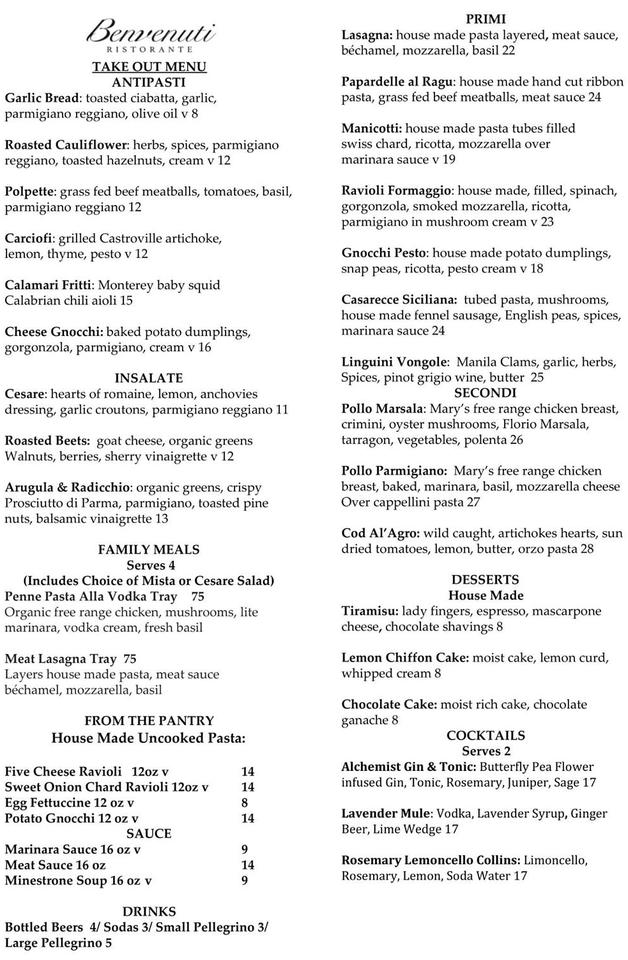 Menu at Benvenuti Ristorante pub & bar, Walnut Creek