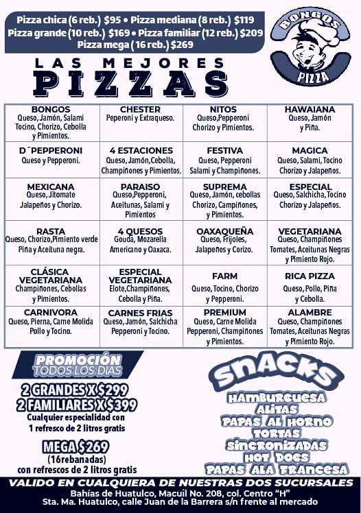Menu at Bongos Pizzas restaurant, La Crucecita