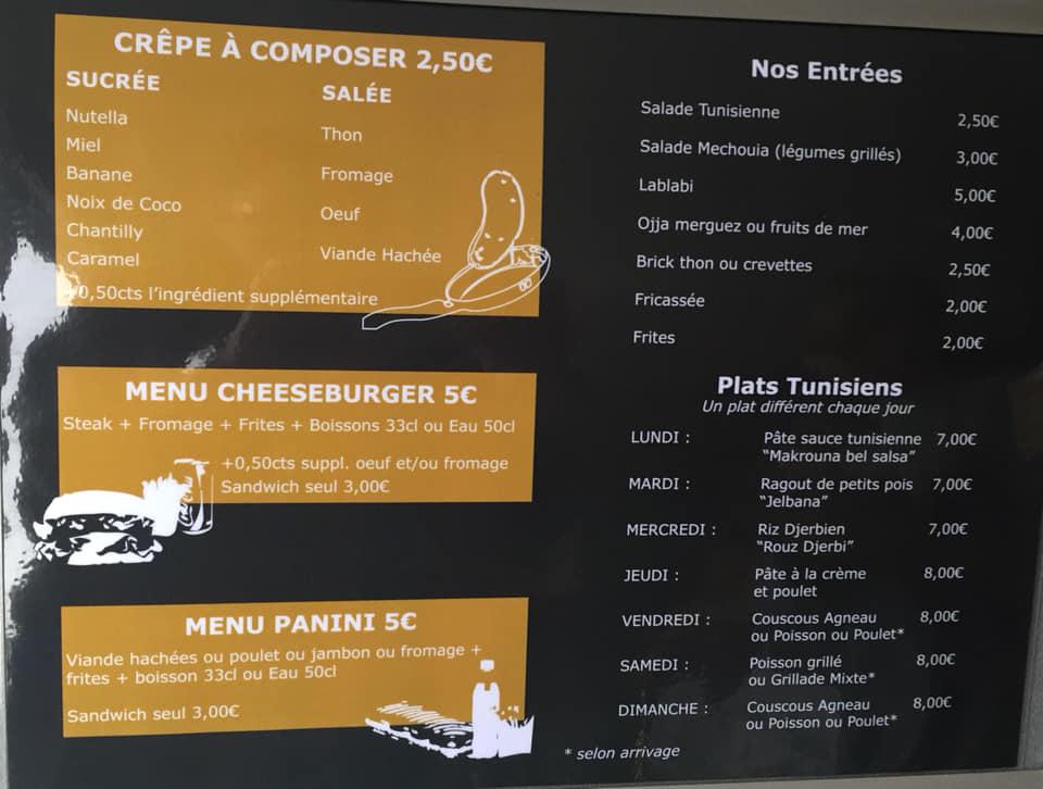 Menu at Chez Baba Ali restaurant, Caen