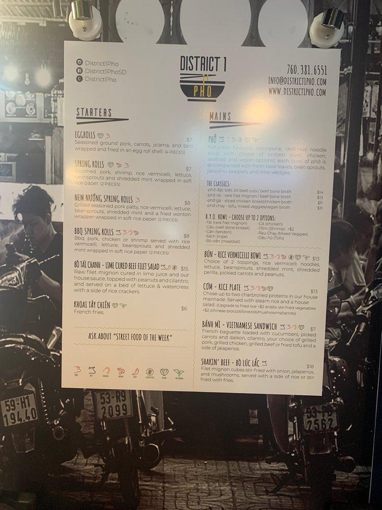 Menu at District 1 Pho restaurant, Carlsbad