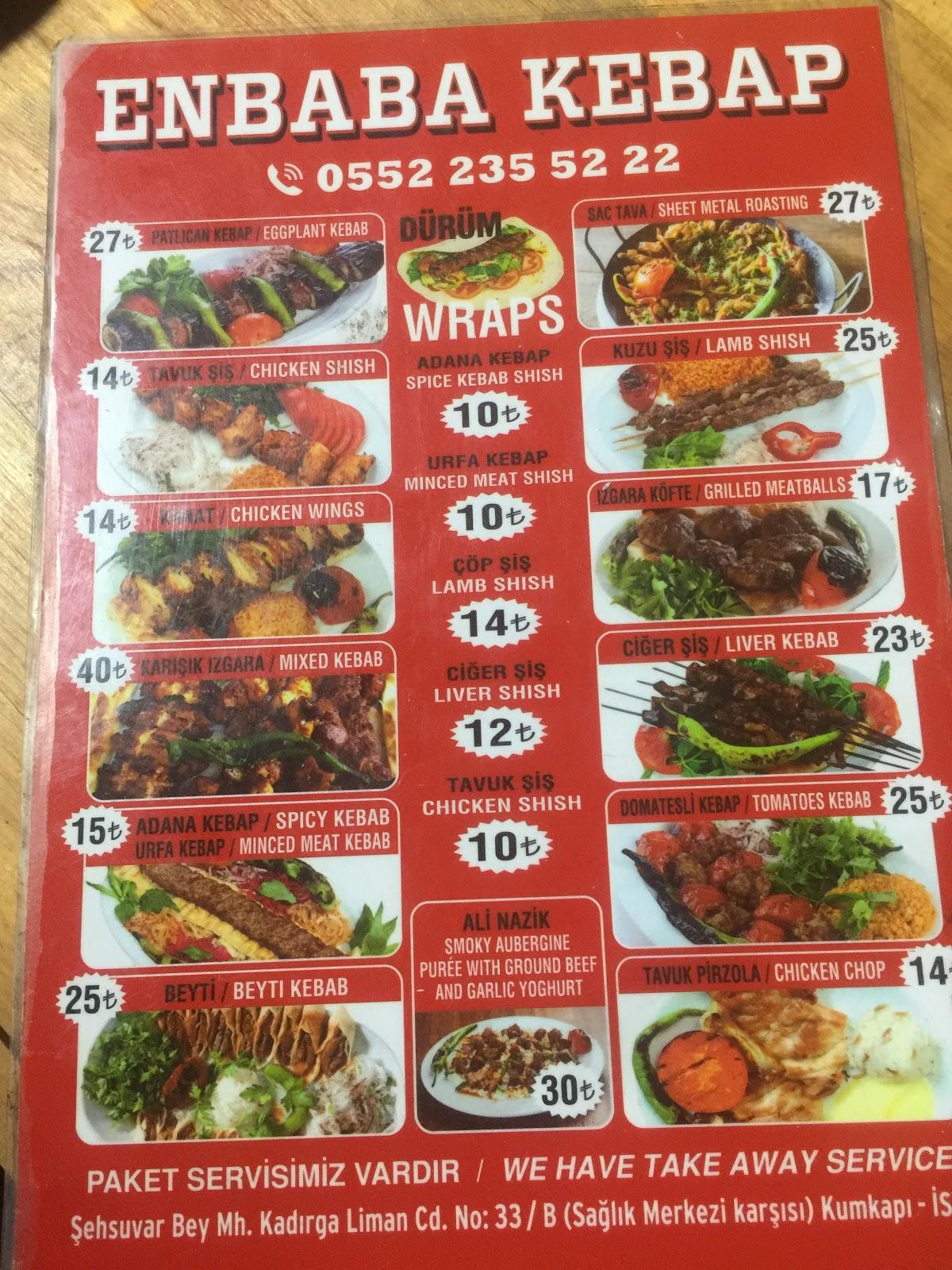 Carta de En Baba Kebab, Estambul