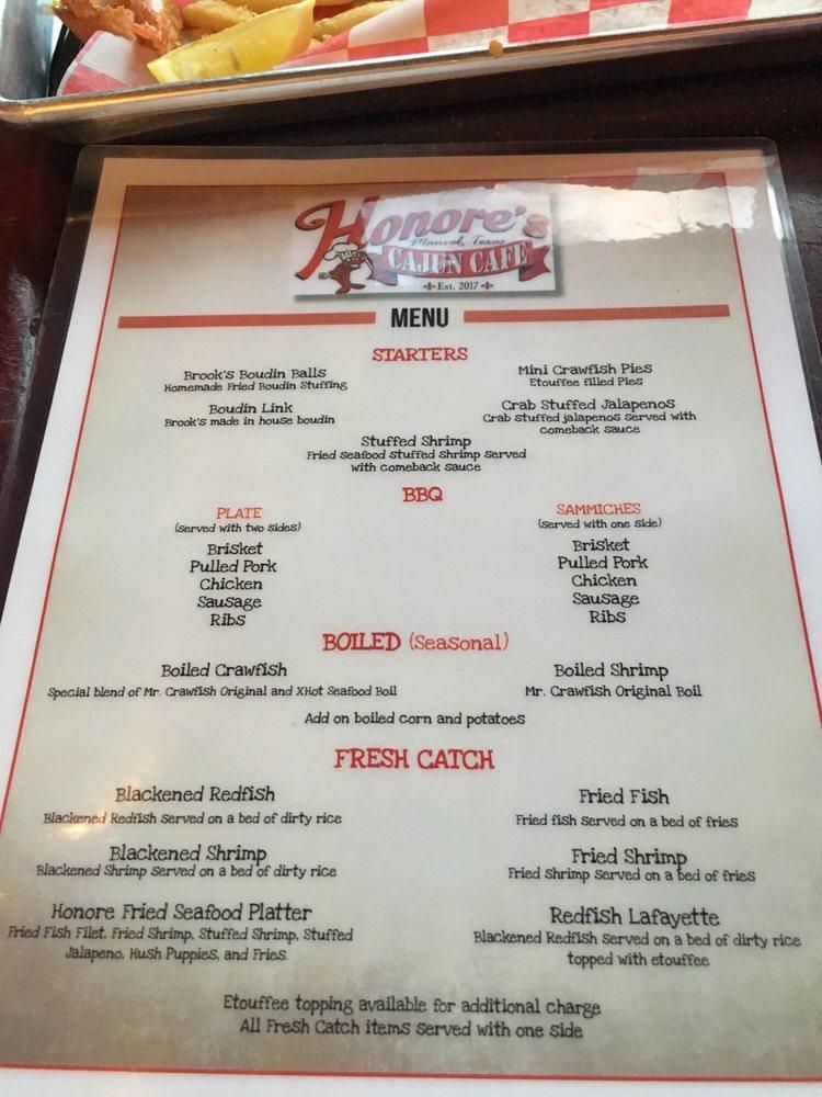 Menu at Honore's Cajun Cafe, Manvel
