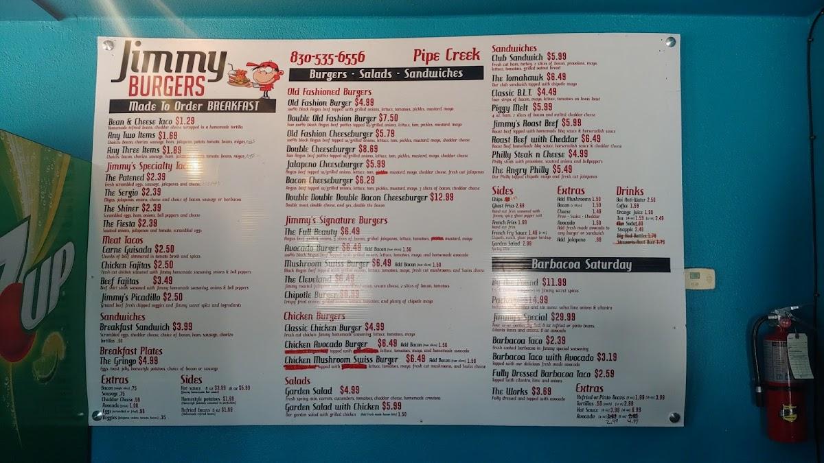 Menu at Jimmy Burgers restaurant, Bandera, 907 13th St