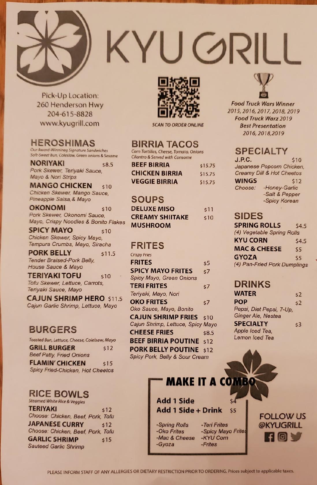 Menu at Kyu Snack Box restaurant, Winnipeg