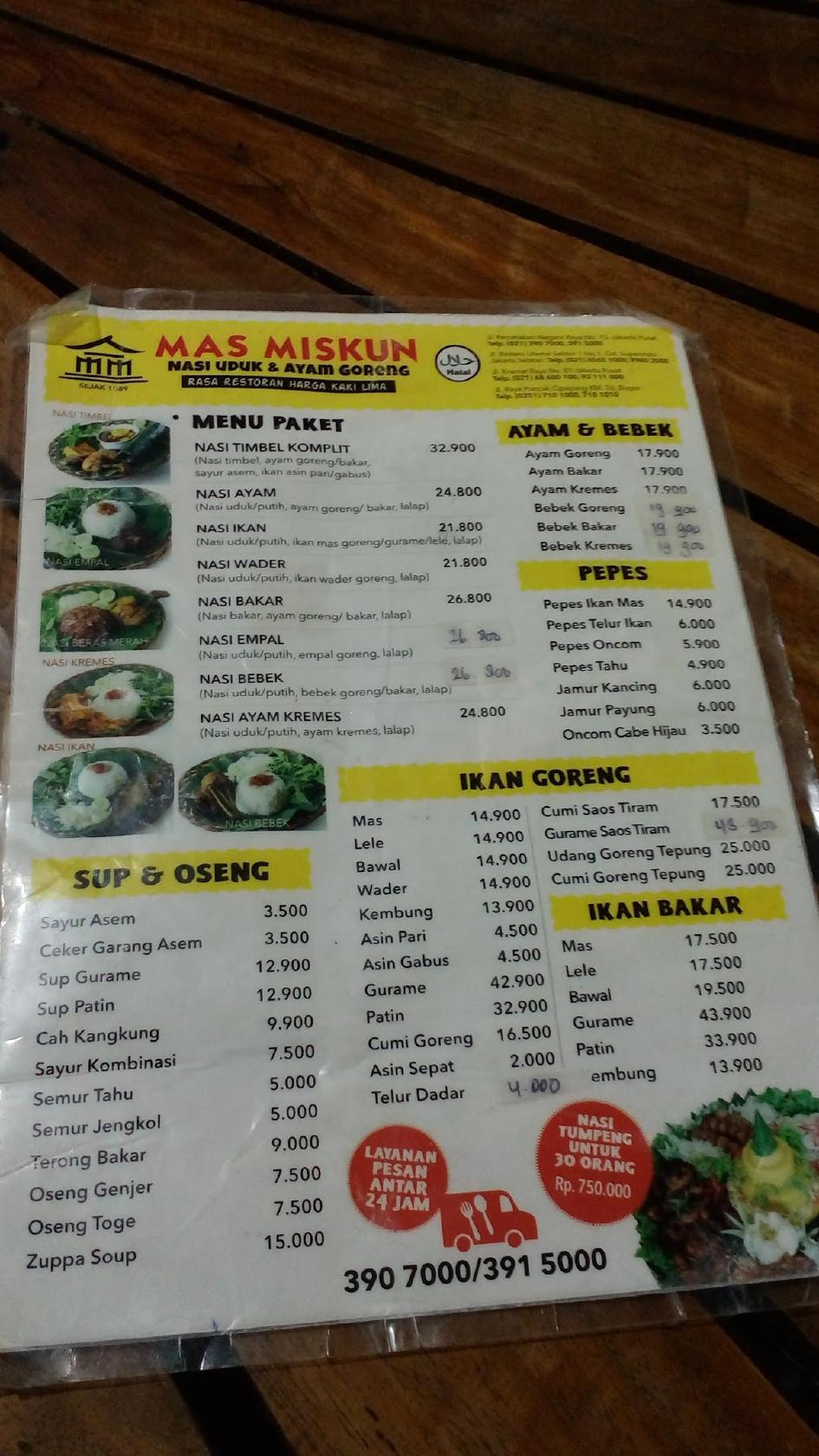 Menu at Mas Miskun Percetakan Negara restaurant, Central Jakarta