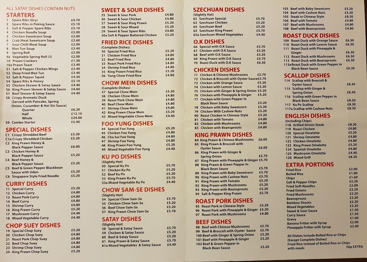 Menu at Maxim's fast food, Bradford