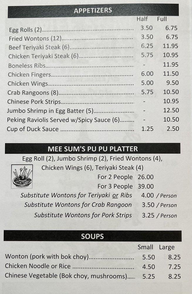 Menu at Mee Sum Restaurant, Fall River