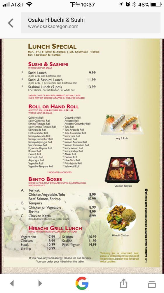 Menu at Osaka Sushi & Hibachi restaurant, Oregon