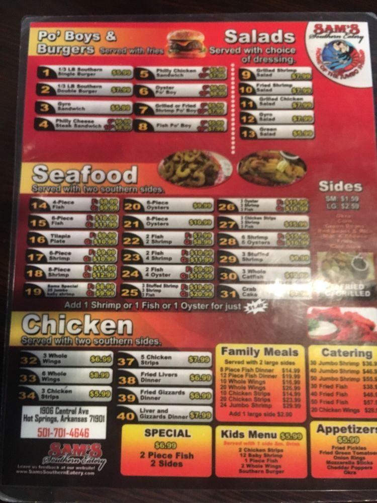 Menu at Sam's Southern Eatery restaurant, Hot Springs
