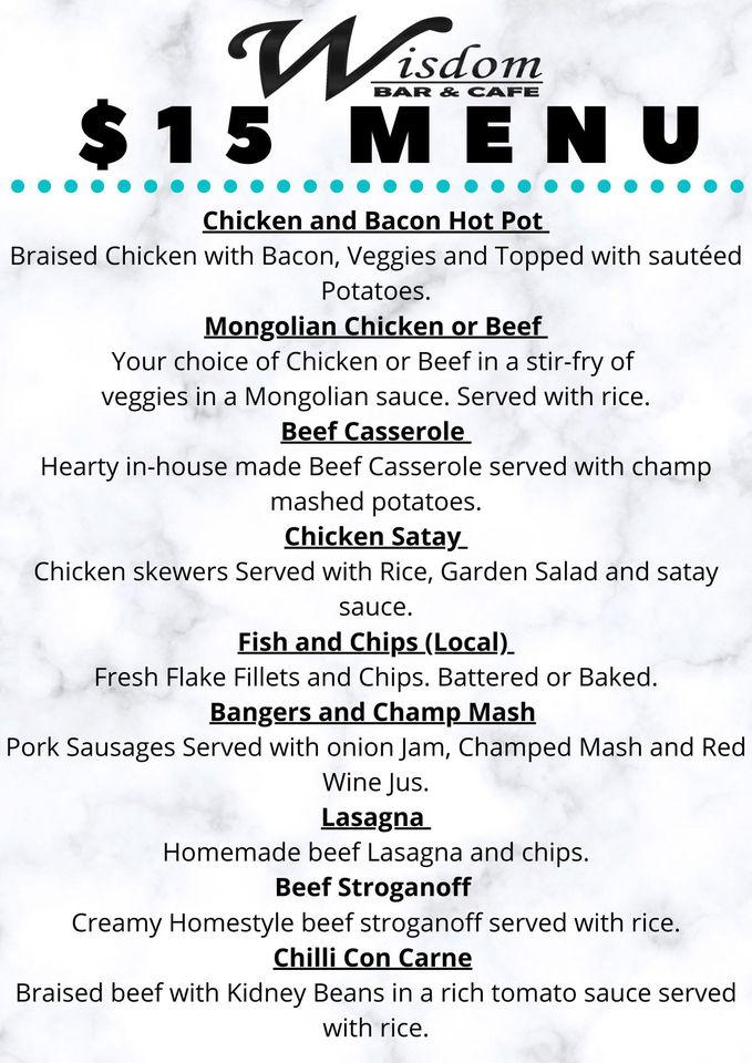 Menu at Wisdom Bar & Cafe, Darwin City