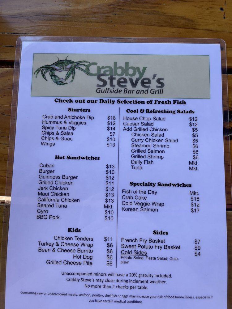 Menu at Crabby Steves Highpointe pub & bar, Rosemary Beach