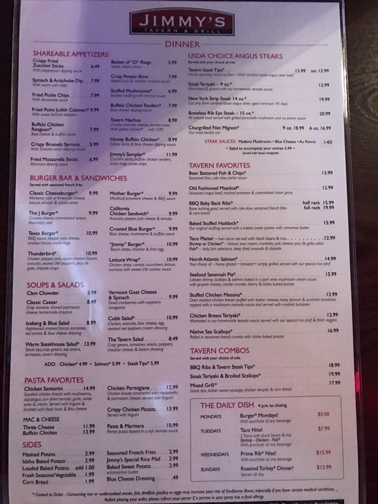 Menu at Jimmy's Tavern & Grill steakhouse, Shrewsbury