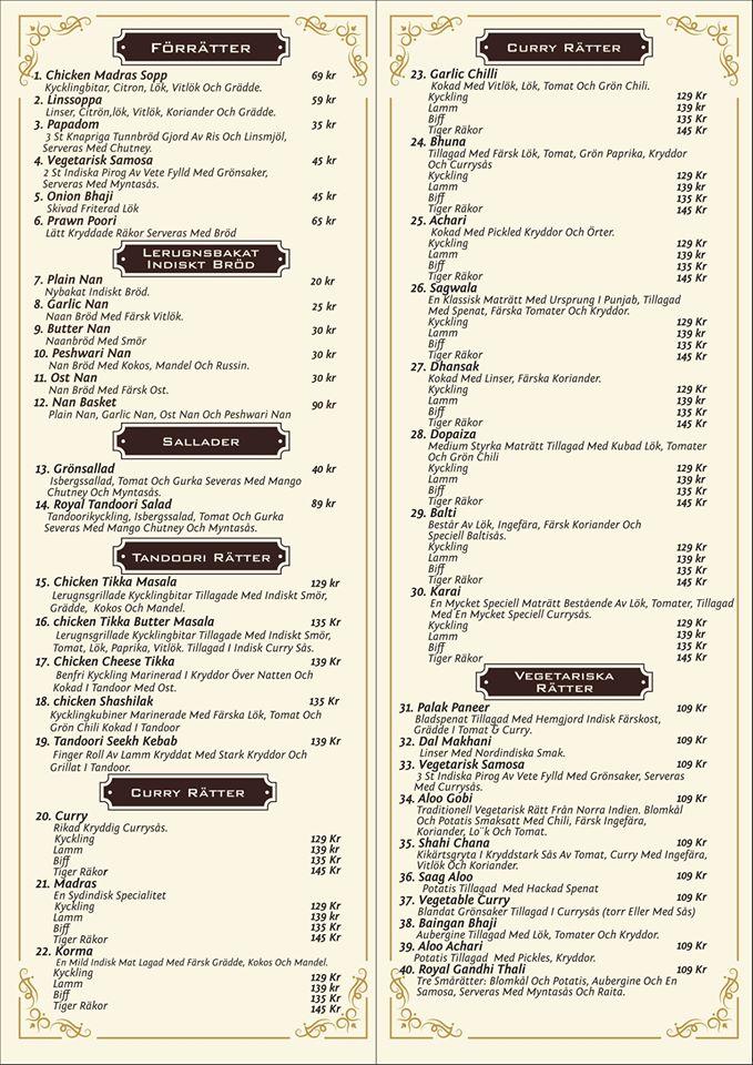 Menu at Restaurang Royal Haveli restaurant, Helsingborg