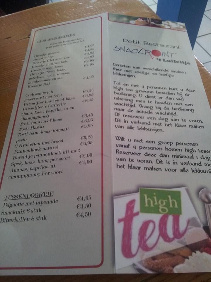 Menu at Snackpoint het Luifeltje, Wilhelminaoord