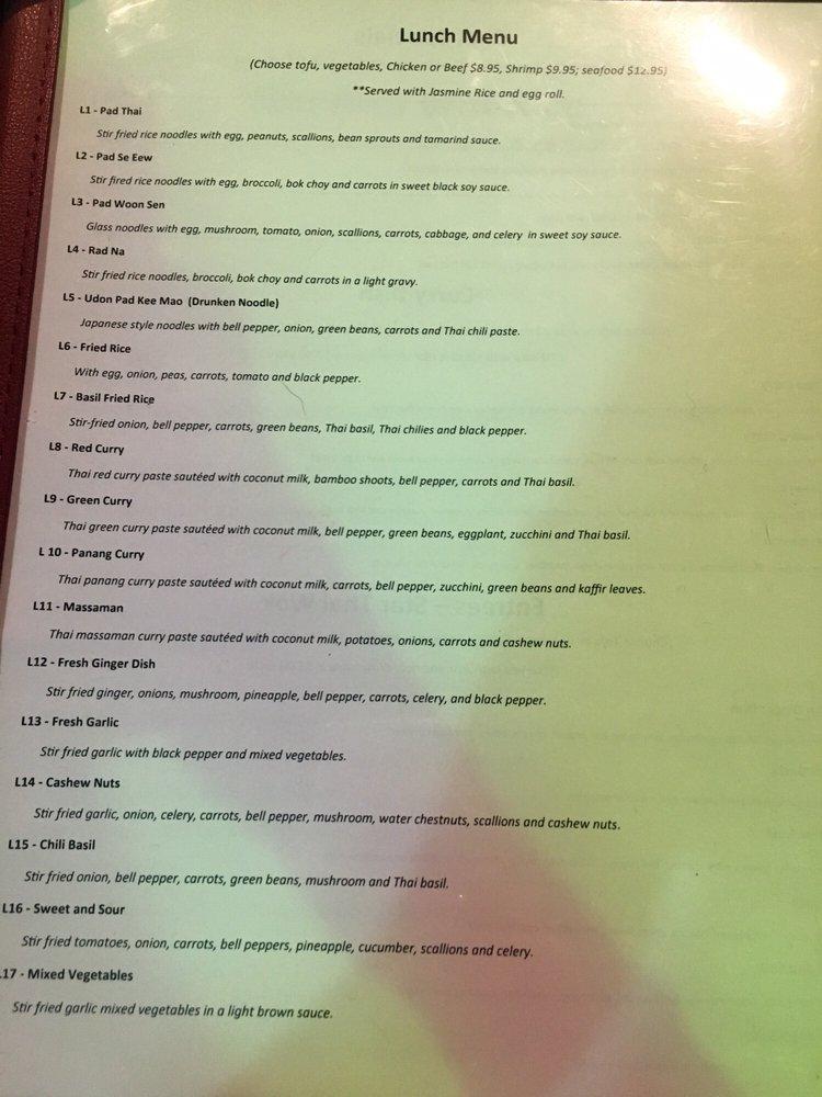 Menu at Thai Place restaurant, Tallahassee