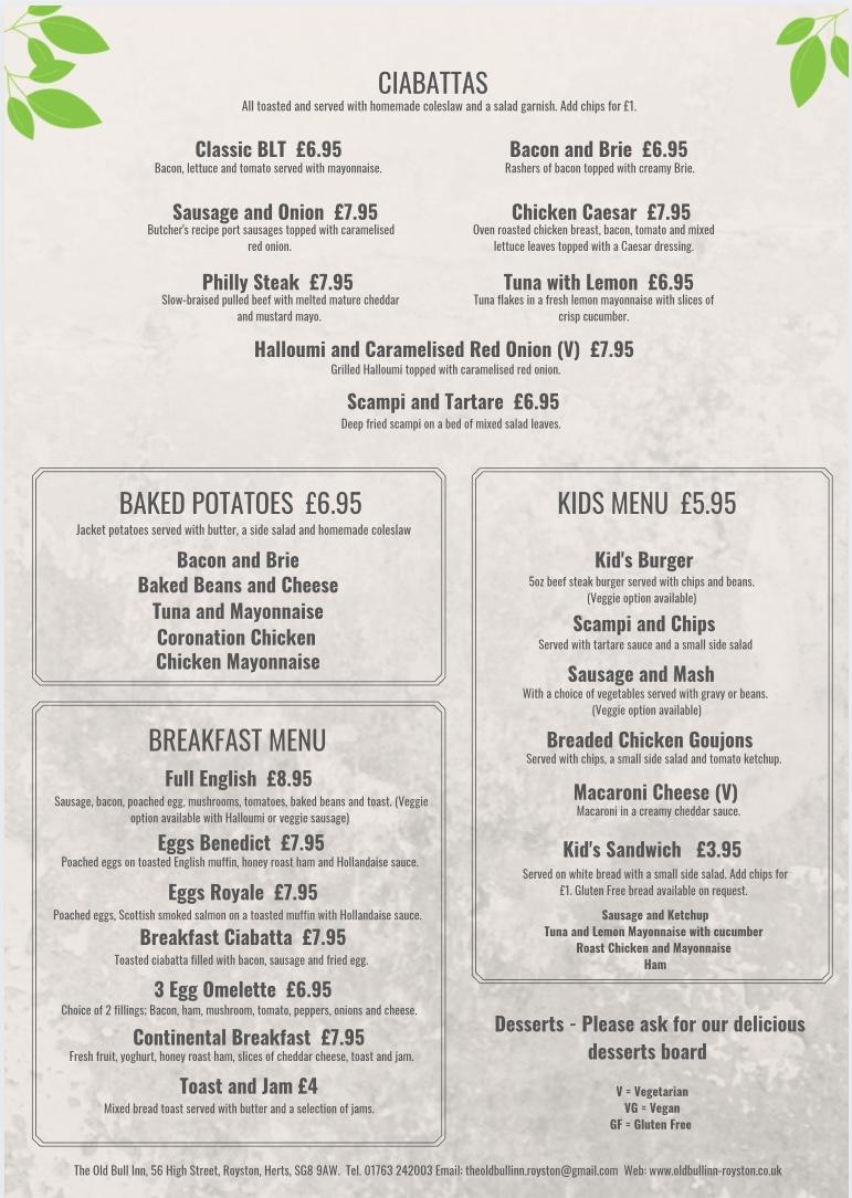 Menu at The Old Bull Inn Hotel pub & bar, Royston