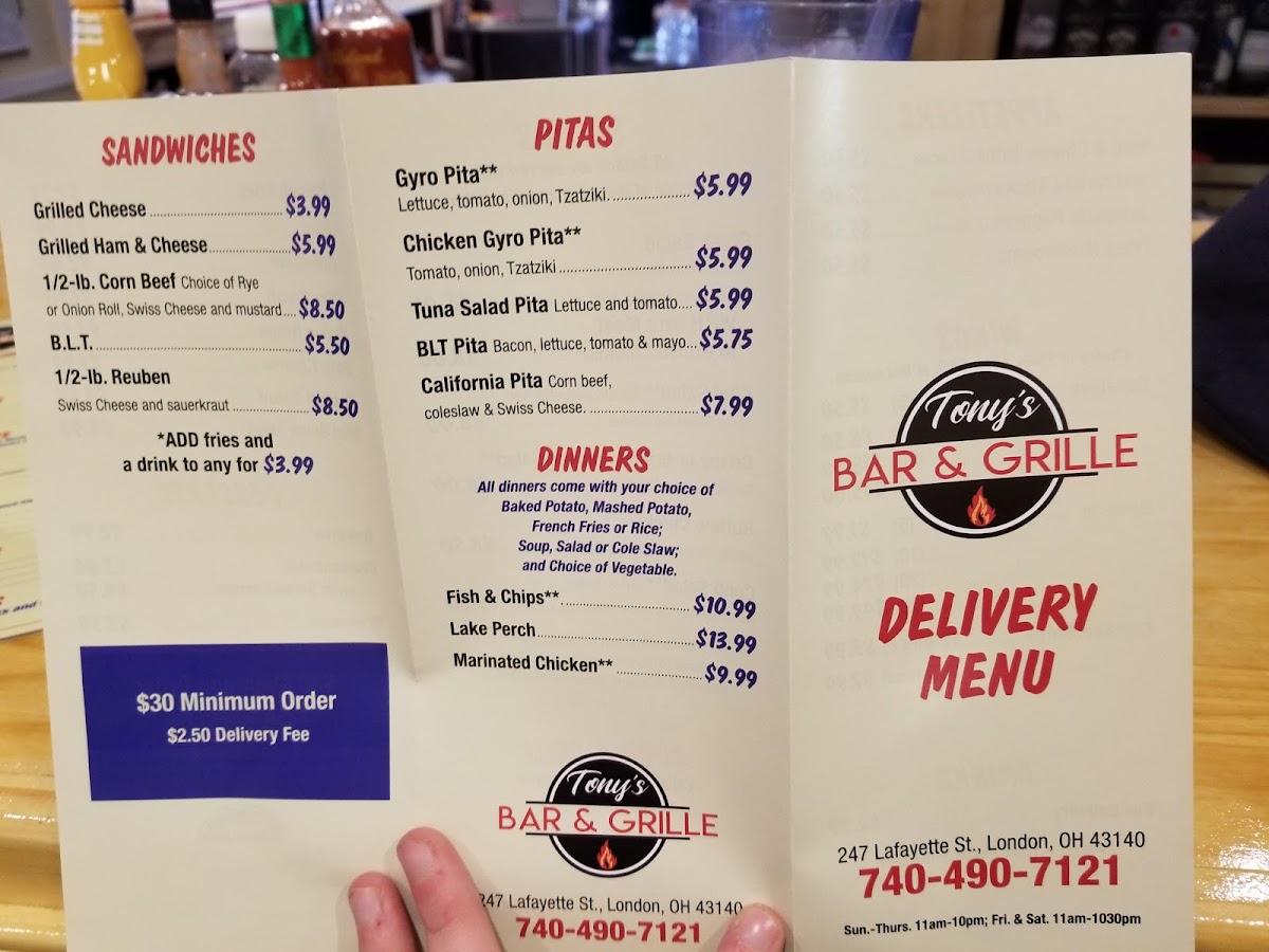 Menu at Tony's Bar and Grille, London