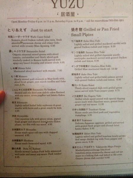 Menu at Yuzu restaurant, Beaverton