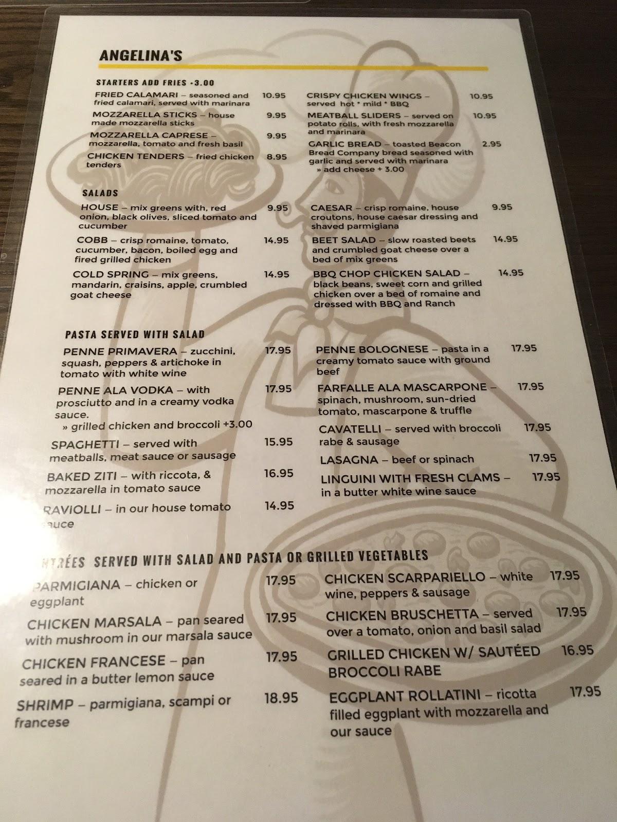 Menu at Angelina's restaurant, Cold Spring