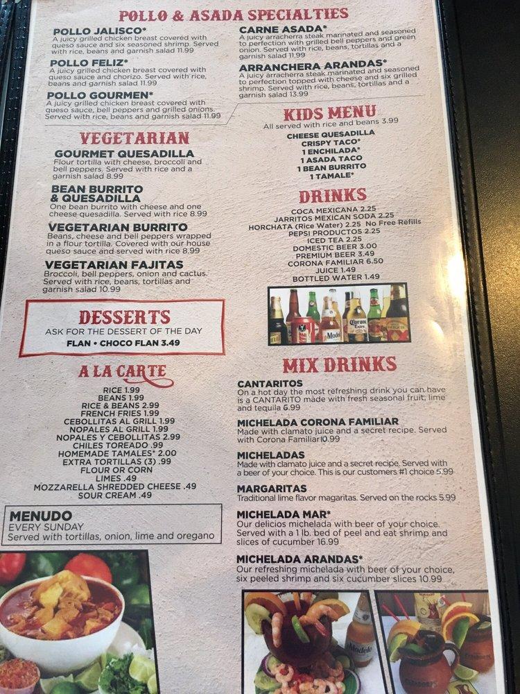 Menu at Arandas Tacos restaurant, Branson